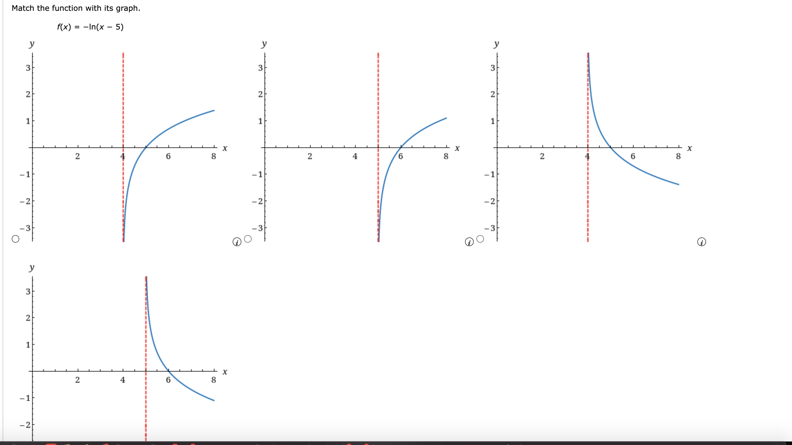 Solved Match the function with its graph. f(x)=−ln(x−5) | Chegg.com