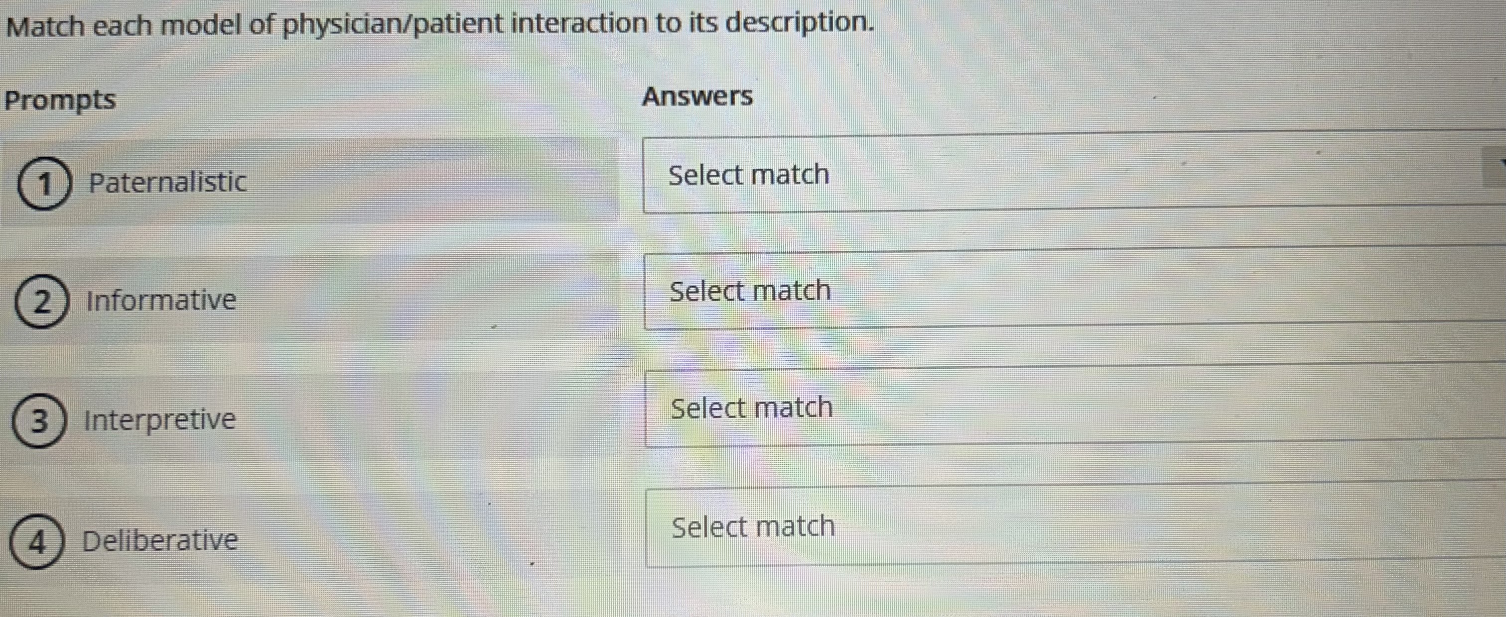 Solved Match each model of physician/patient interaction to | Chegg.com