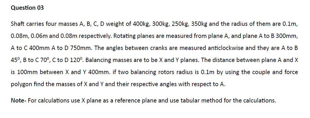 Solved Question 03Shaft carries four masses A, ﻿B, ﻿C, ﻿D | Chegg.com