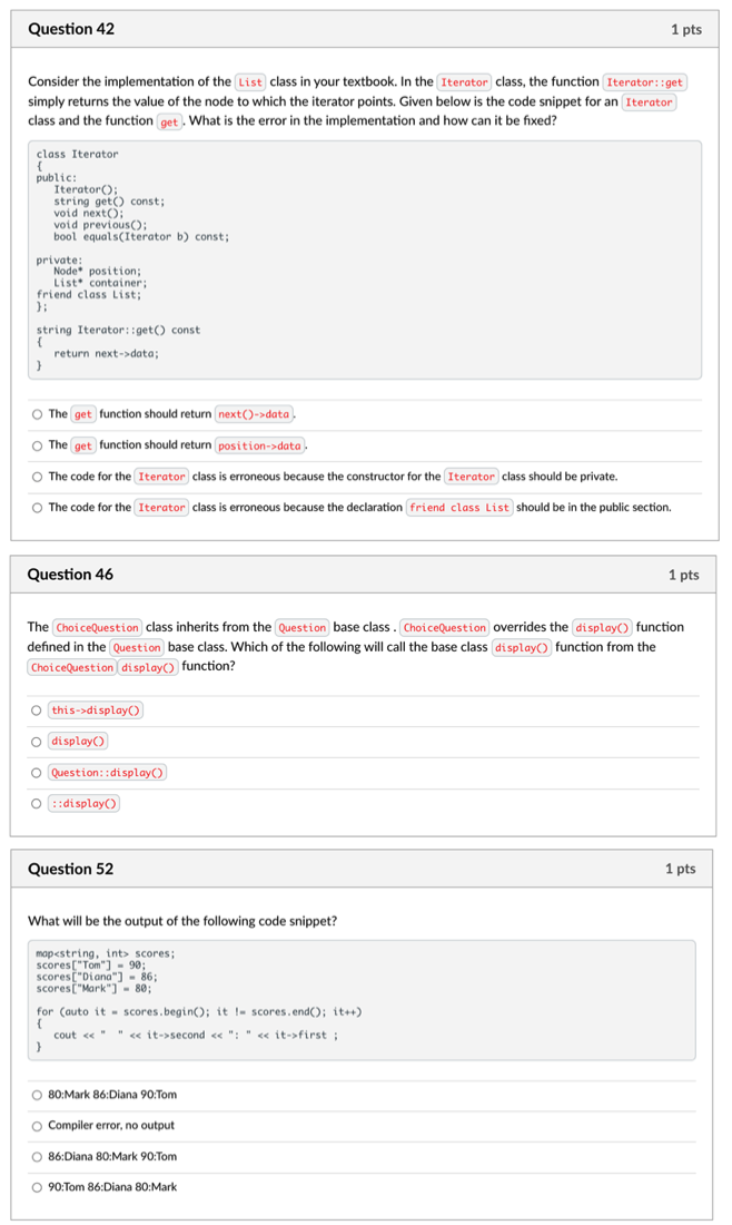 Solved Question 42 1 pts Consider the implementation of the | Chegg.com