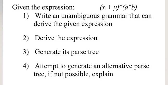 Solved Given the expression: 1) Write an unambiguous grammar | Chegg.com