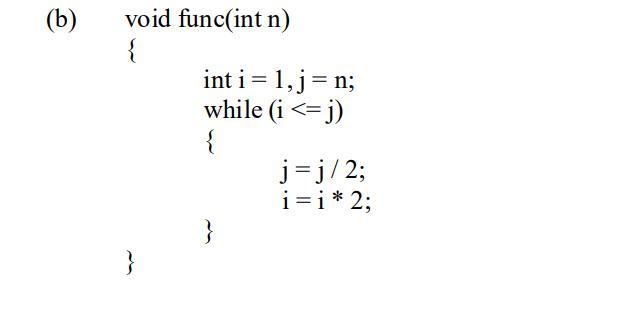 Solved (b) void func(int n) { int i = 1, j= n; while (i