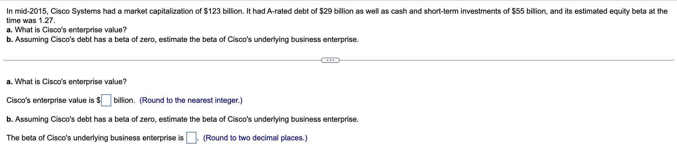 Solved time was 1.27. a. What is Cisco's enterprise value? | Chegg.com
