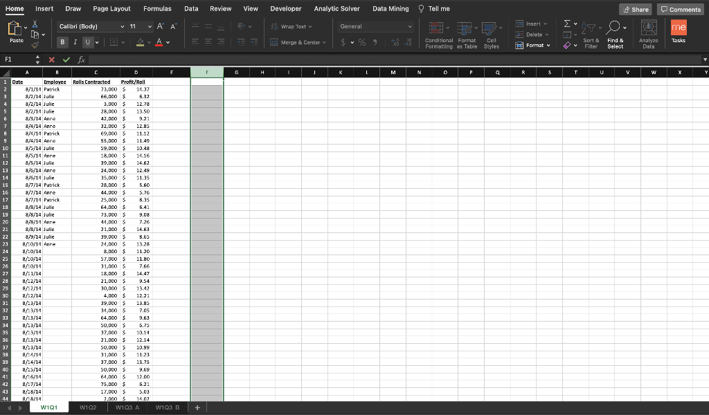 Question 1 Excel worksheet W1Q1 provides a database | Chegg.com
