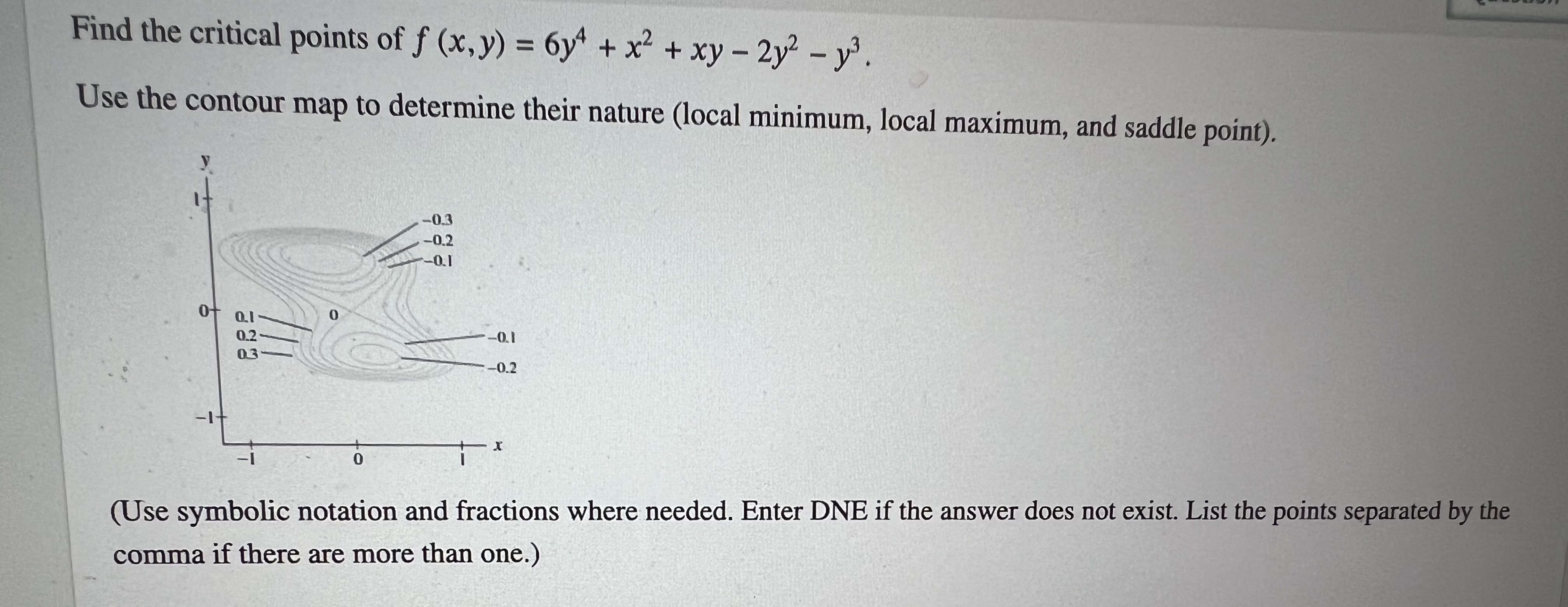 Solved Find the critical points of f(x,y)=6y4+x2+xy−2y2−y3. | Chegg.com