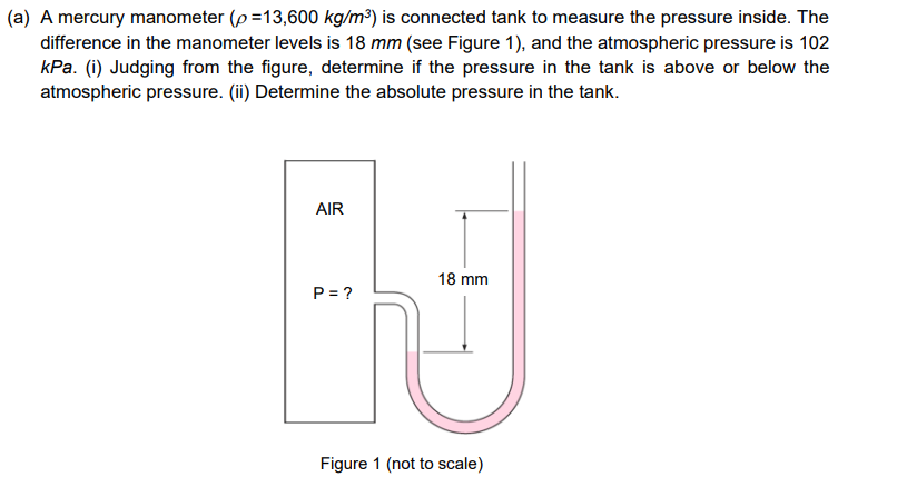Solved a) A mercury manometer (ρ=13,600 kg/m3) is connected | Chegg.com