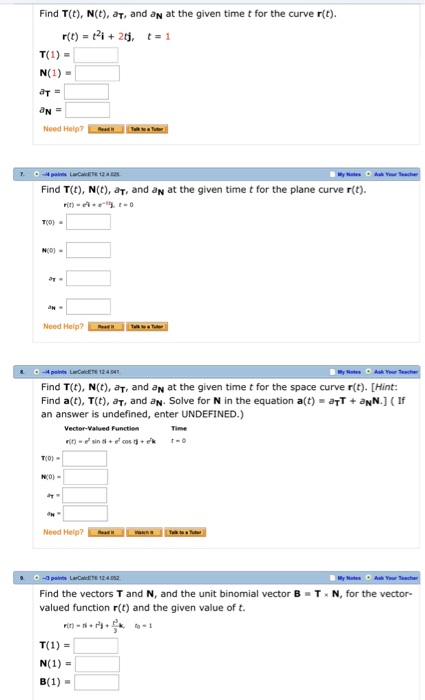 Solved Find T(t), N(t), aT, and aN at the given time t for | Chegg.com