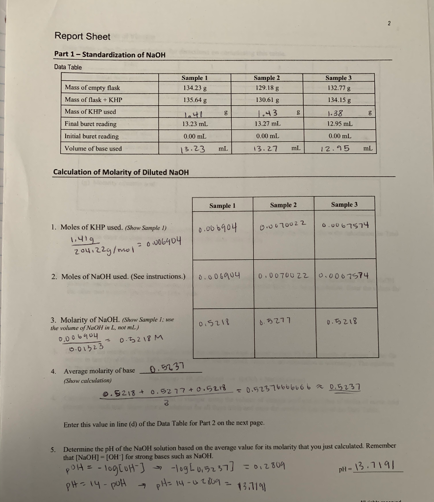 Solved Report Sheet Part 1 - Standardization of NaOH Data | Chegg.com