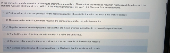 Solved In the emf series, metals are ranked according to | Chegg.com