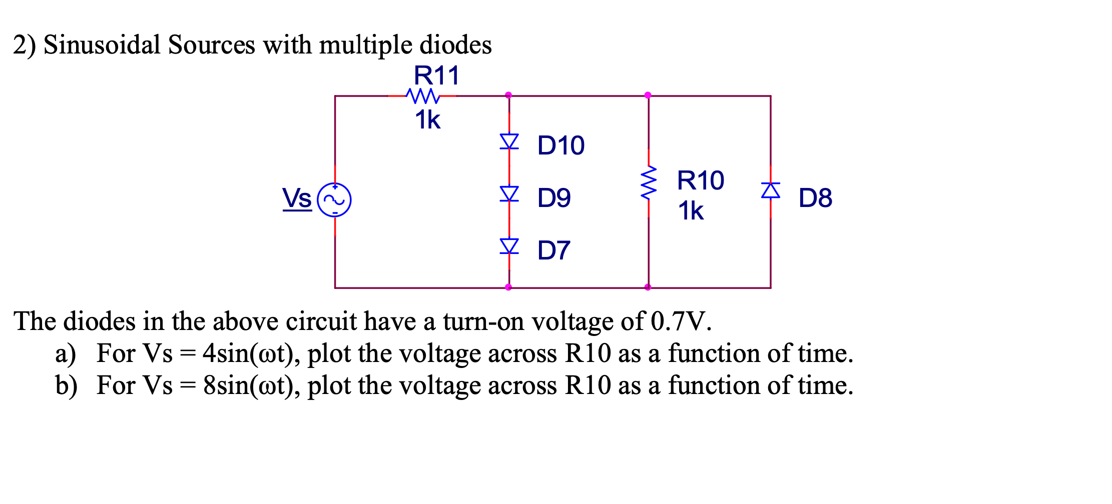 Solved 2) Sinusoidal Sources with multiple diodes The diodes | Chegg.com