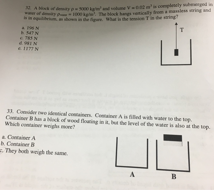 Solved A block of density rho = 5000 kg/m^3 and volume V = | Chegg.com