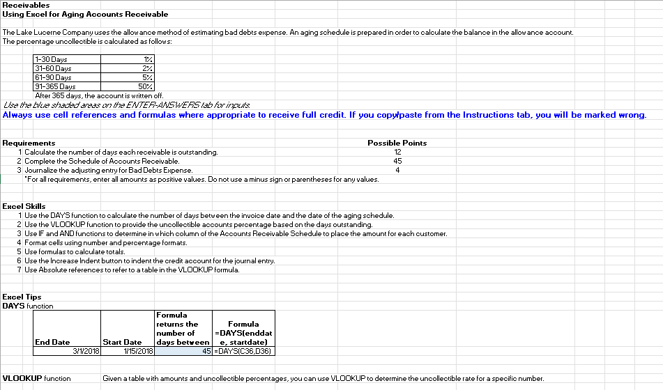 Receivables Using Excel for Aging Accounts Receivable | Chegg.com