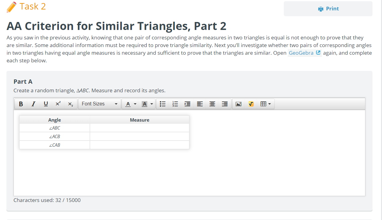 Solved Task 2 Print AA Criterion for Similar Triangles, Part | Chegg.com