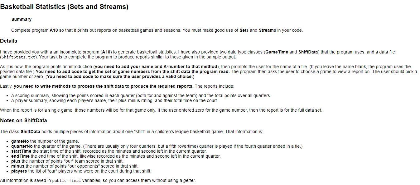 Solved Basketball Statistics (Sets and Streams) Summary | Chegg.com