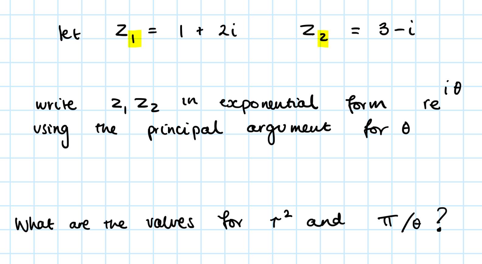 Solved let z1=1+2iz2=3−i write z1z2 in exponential form reiθ | Chegg.com