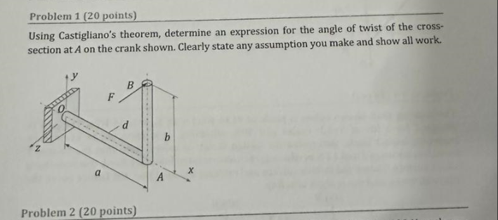 Solved Problem 1 (20 ﻿points)Using Castigliano's theorem, | Chegg.com