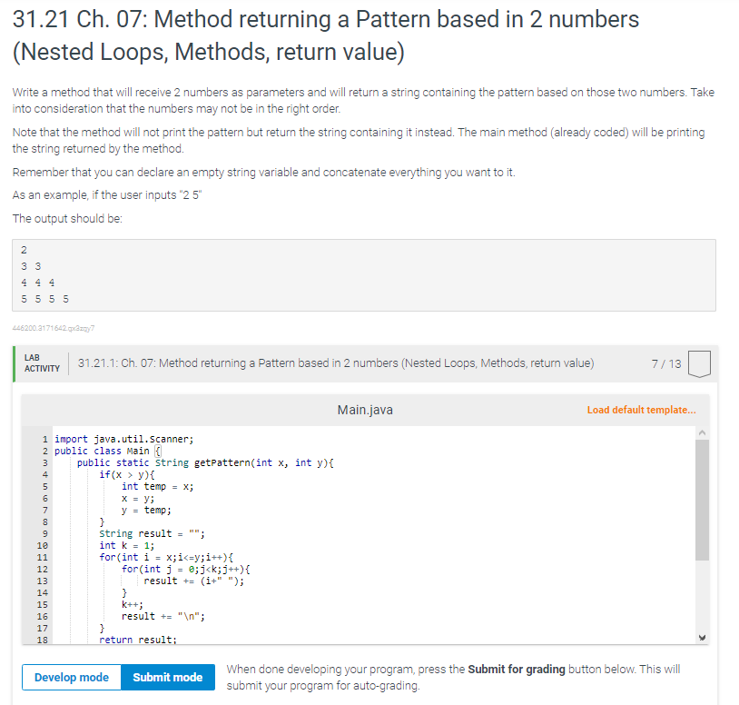 Solved 31.21 Ch. 07: Method returning a Pattern based in 2 | Chegg.com