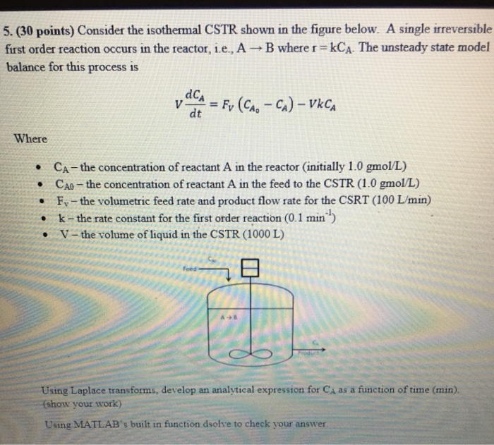 Solved 5. (30 points) Consider the isothermal CSTR shown in | Chegg.com