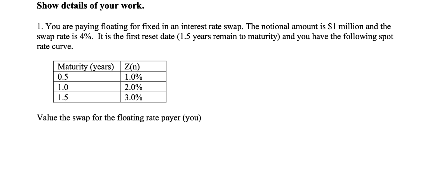 Solved 1. You are paying floating for fixed in an interest | Chegg.com