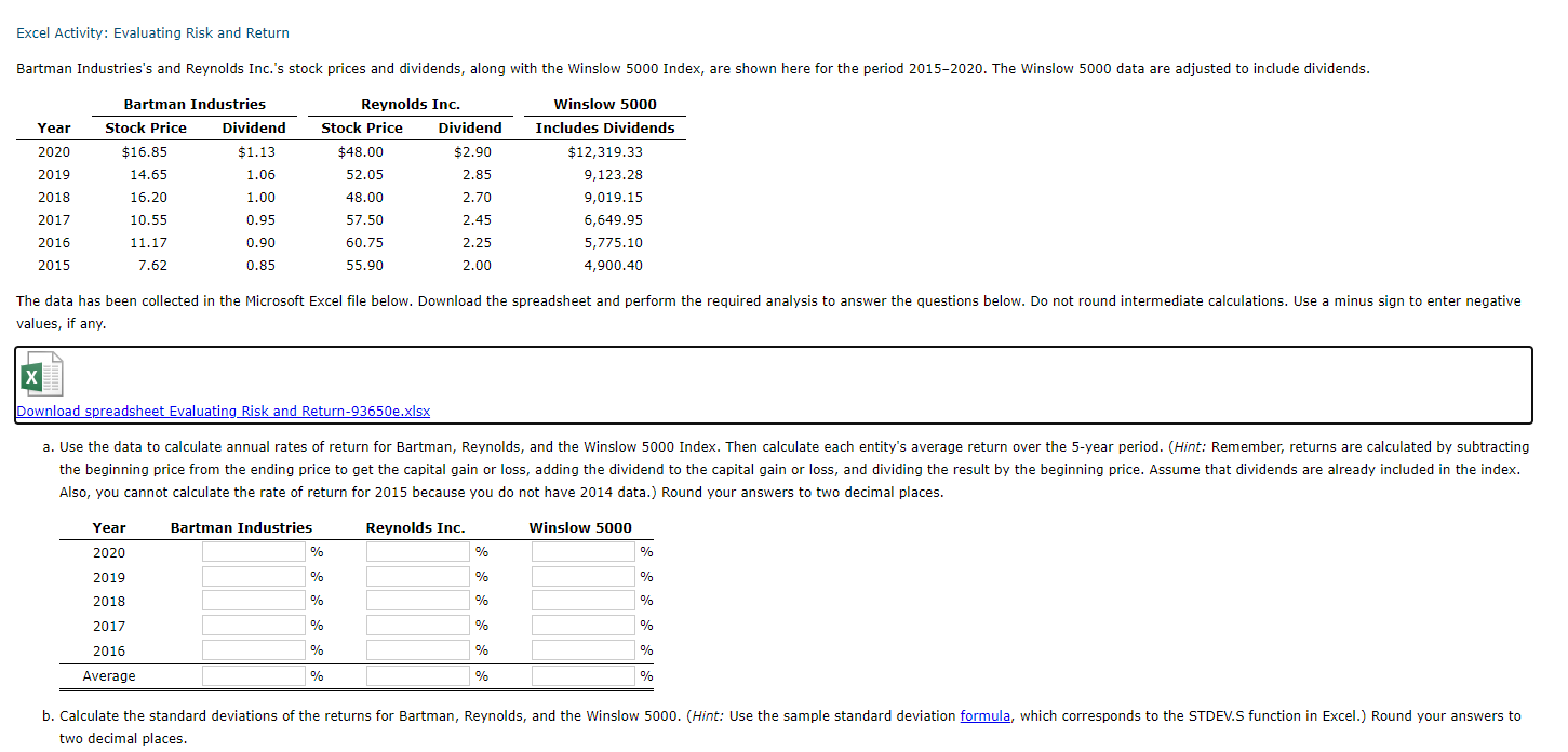 Solved Excel Activity: Evaluating Risk and Return values, if | Chegg.com