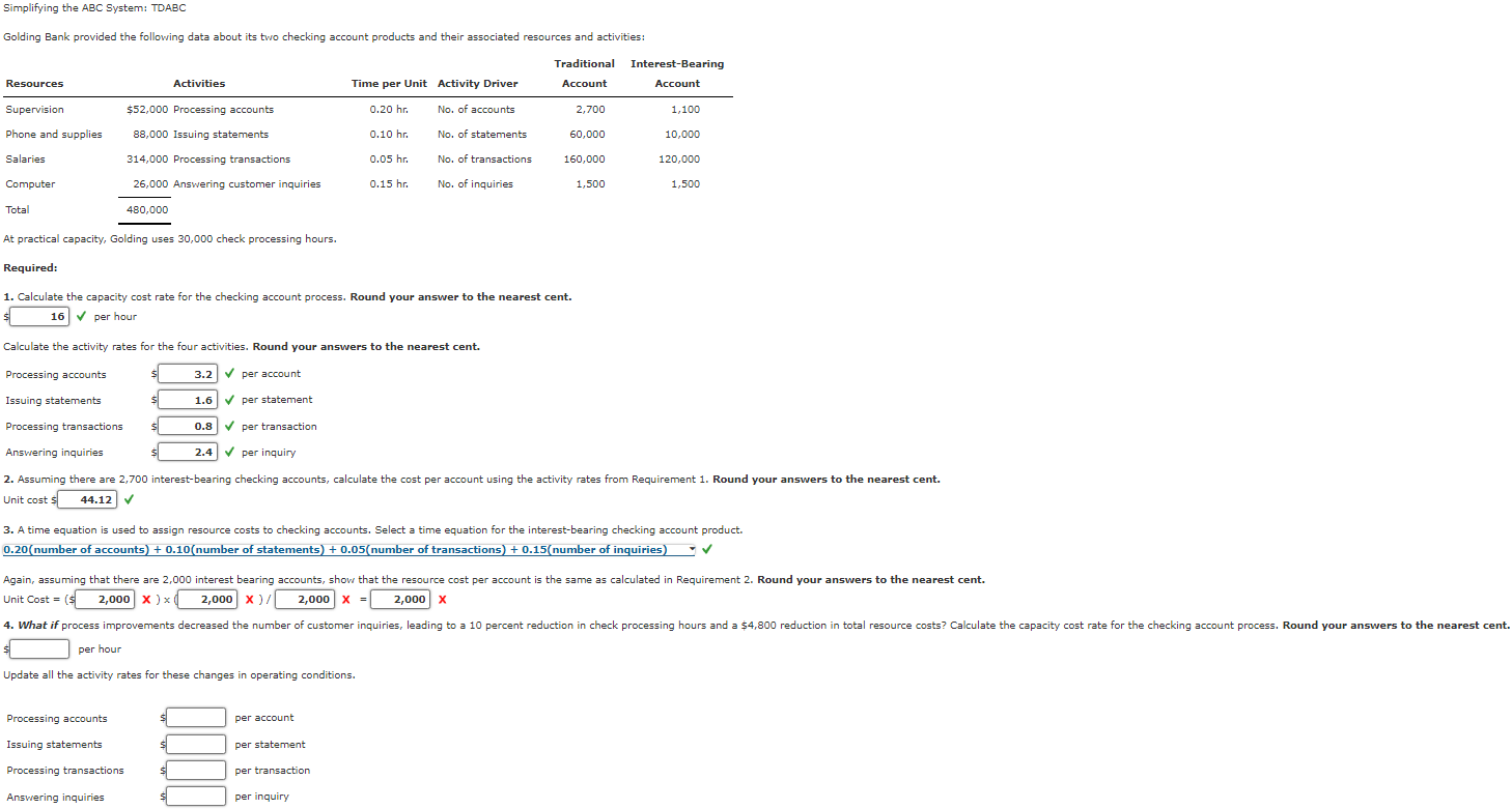 Solved Simplifying the ABC System: TDABC Golding Bank | Chegg.com