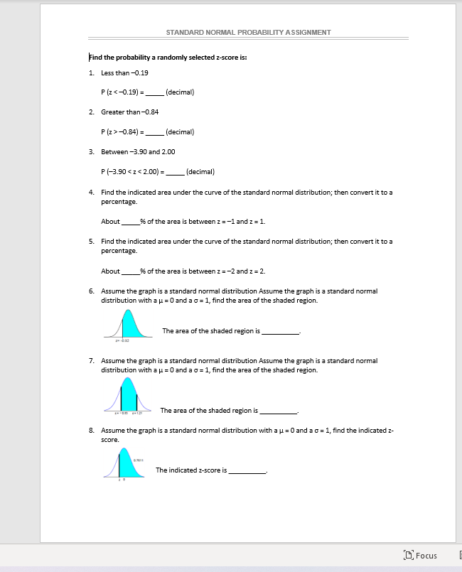 Solved STANDARD NORMAL PROBABILITY ASSIGNMENT Find the | Chegg.com