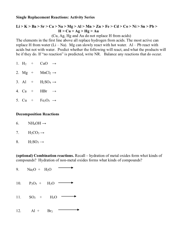 Solved Single Replacement Reactions: Activity Series Li>K > | Chegg.com