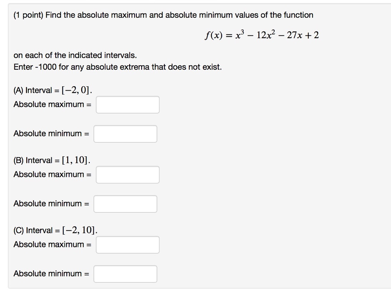 Solved (1 point) Find the absolute maximum and absolute | Chegg.com