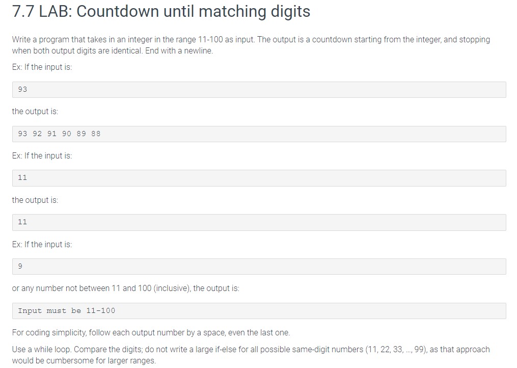 Solved 7.7 LAB: Countdown until matching digits Write a | Chegg.com