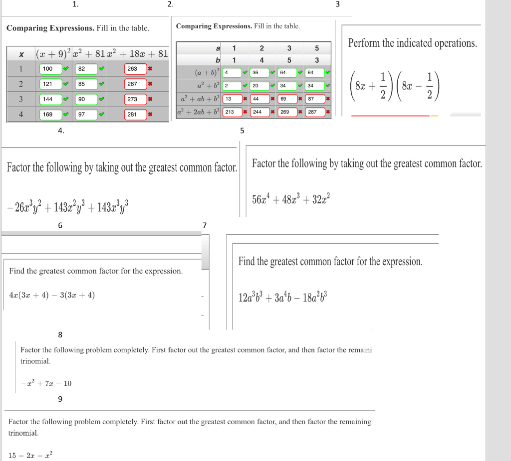 Solved 1. 2. 3 Comparing Expressions. Fill in the table. | Chegg.com