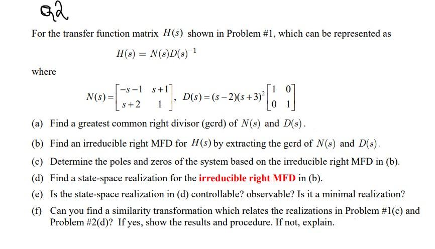 Consider the following transfer function matrix | Chegg.com