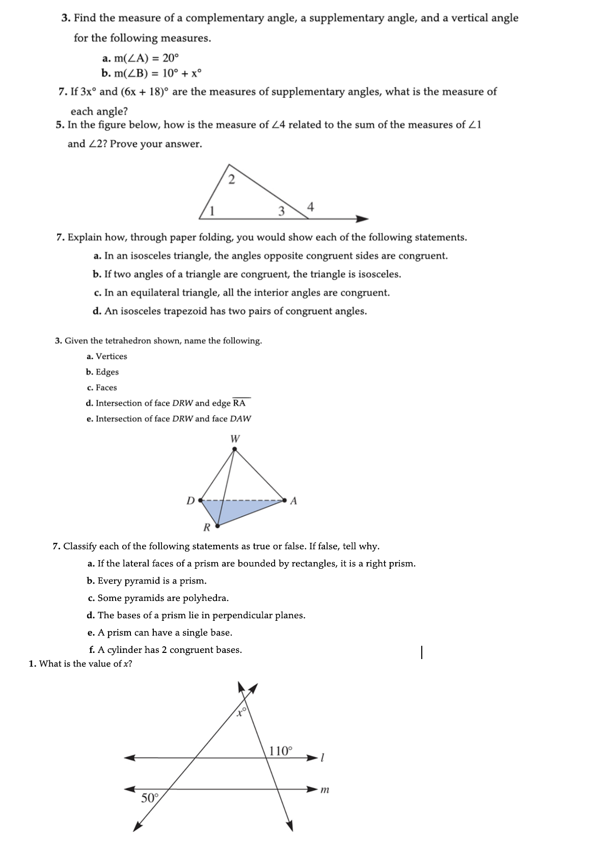 Solved 3. Find the measure of a complementary angle, a | Chegg.com