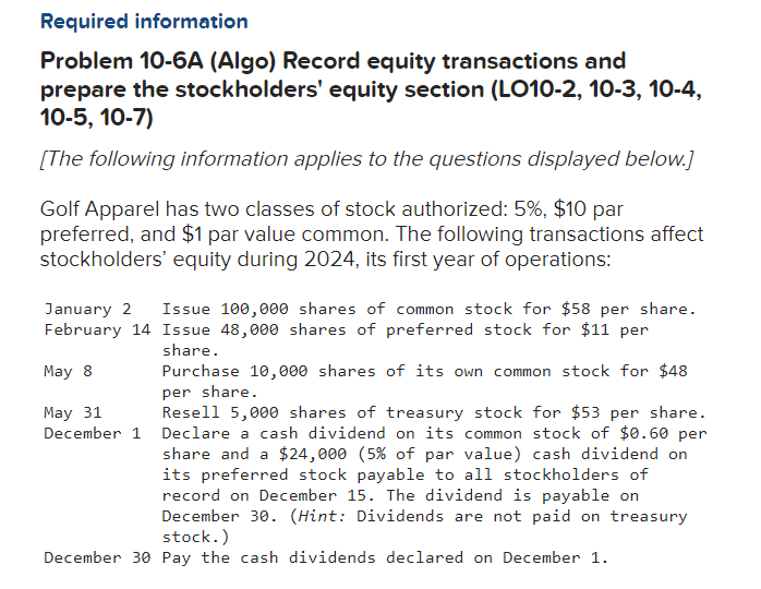 Solved Problem 10-6A (Algo) Record equity transactions and | Chegg.com