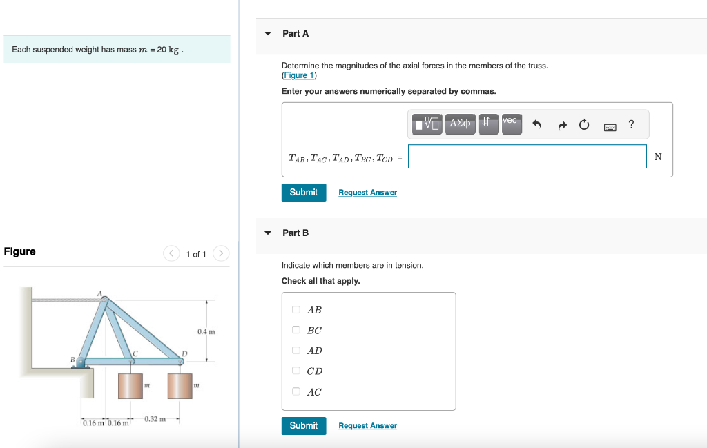 Solved Each suspended weight has mass m m = 20 kg k g . | Chegg.com