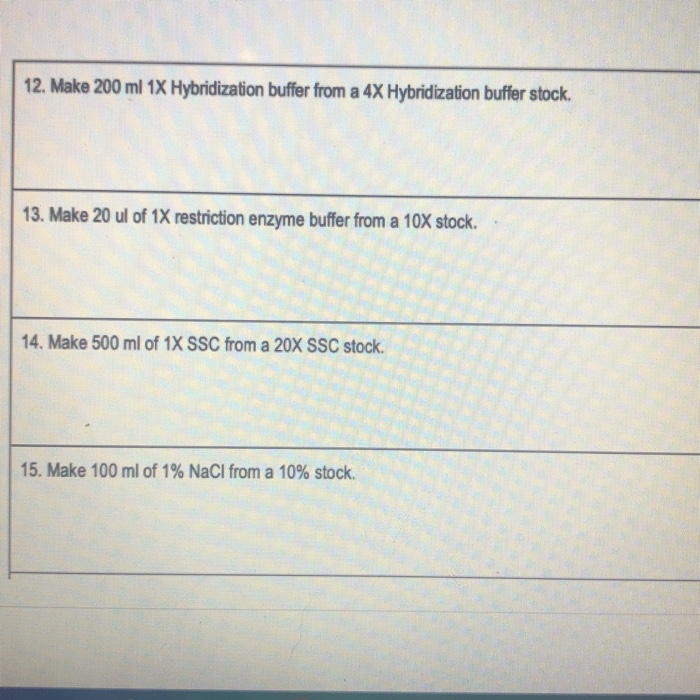Solved 12. Make 200 ml 1X Hybridization buffer from a 4X | Chegg.com