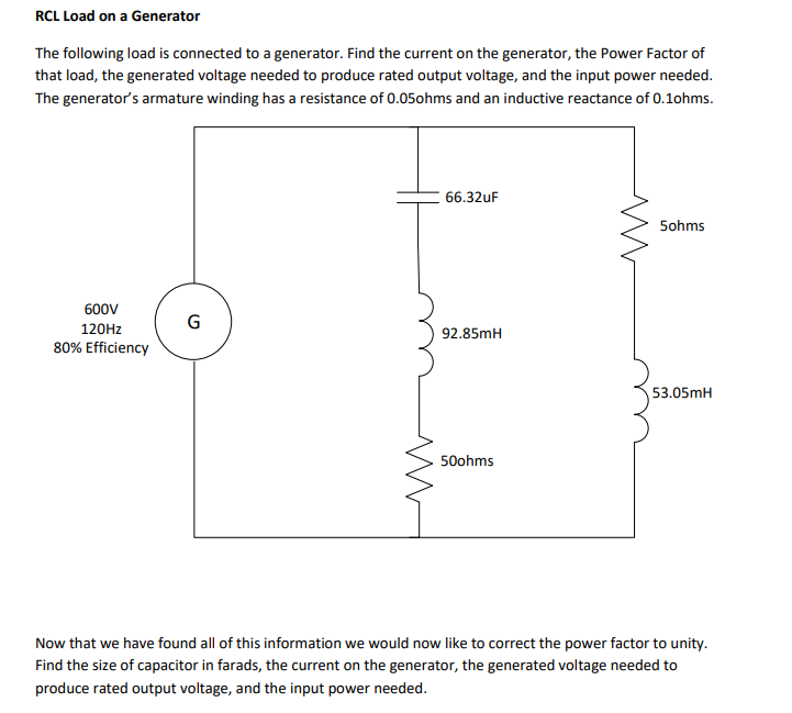 Solved RCL Load on a Generator The following load is | Chegg.com