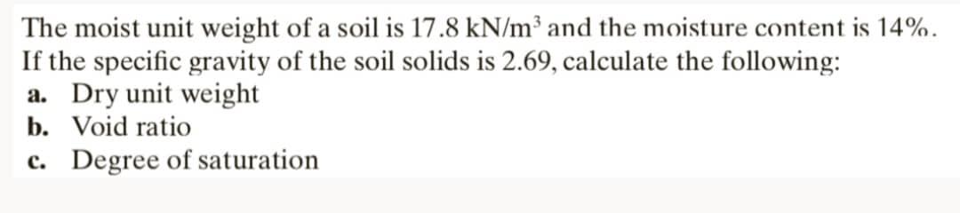 Solved The moist unit weight of a soil is 17.8kN/m3 and the | Chegg.com