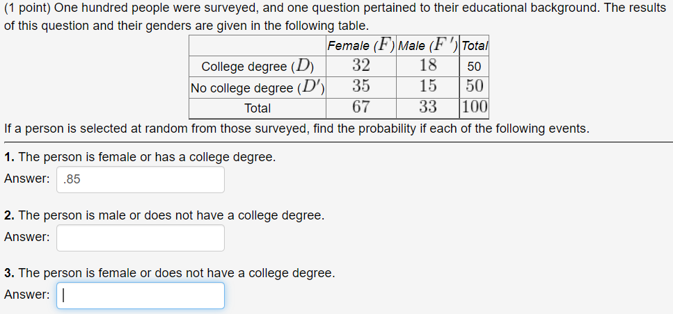 Solved (1 point) One hundred people were surveyed, and one | Chegg.com