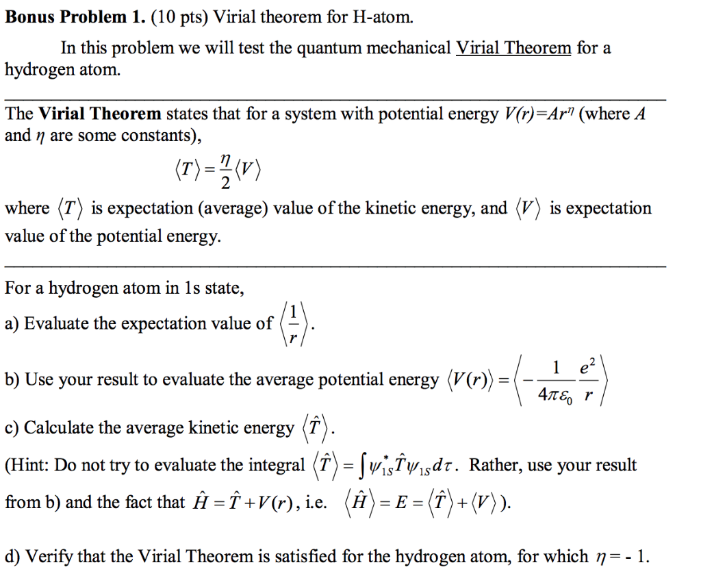 Bonus Problem 1 10 Pts Virial Theorem For H Atom