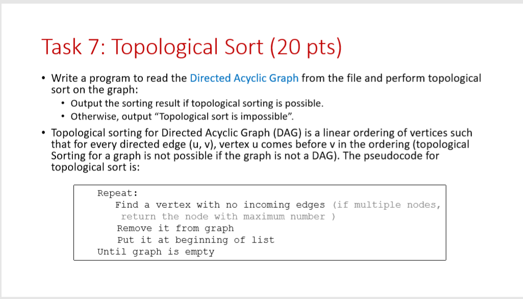 Solved Task 7: Topological Sort (20 pts) • Write a program | Chegg.com