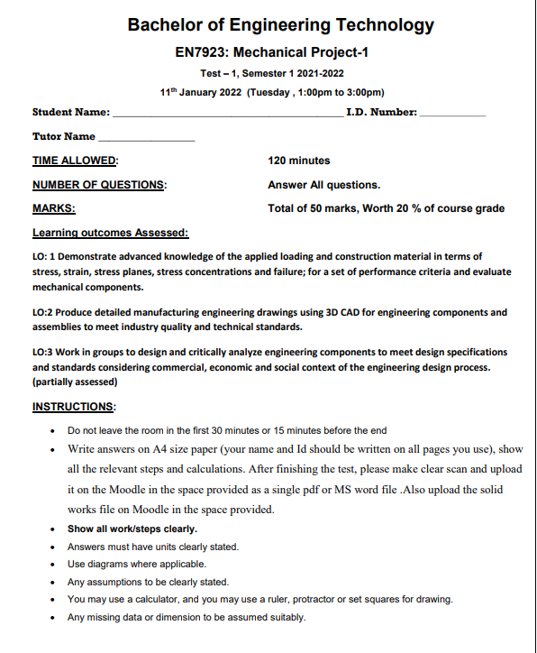 Solved Bachelor of Engineering Technology EN7923: Mechanical | Chegg.com