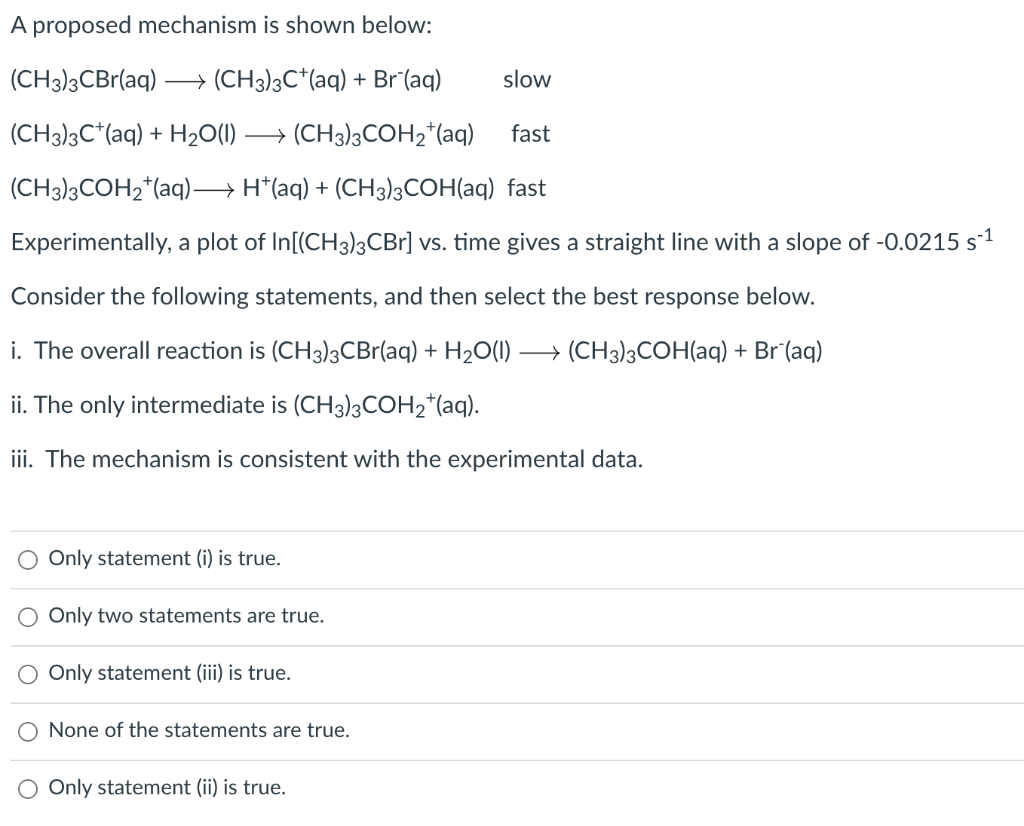 Solved A proposed mechanism is shown below: (CH3)3CBr(aq) + | Chegg.com