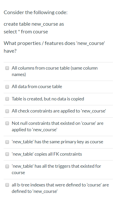 Solved Consider the following code: create table new_course | Chegg.com