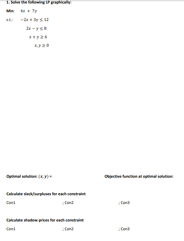 Solved Min: 4x+7y s.t.: −2x+3y≤12−2x−yx+yx,y≤8≥6≥0 Optimal | Chegg.com