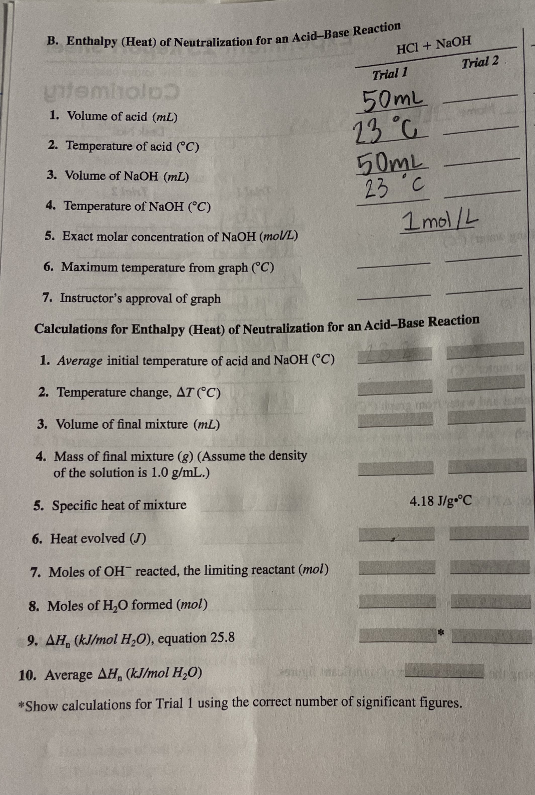 Solved Experiment 25 Report Sheef Calorimetry Date | Chegg.com