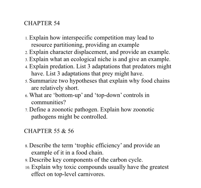 Solved CHAPTER 54 1. Explain how interspecific competition | Chegg.com