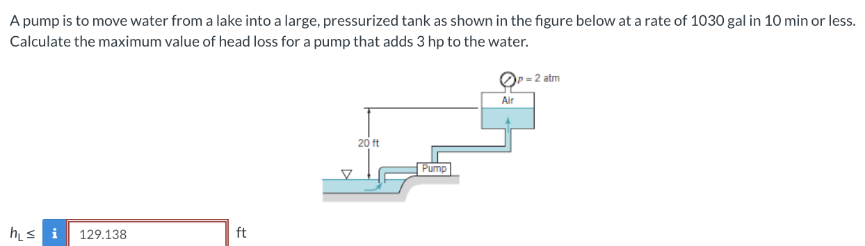 Solved A pump is to move water from a lake into a large, | Chegg.com