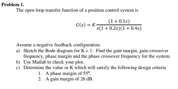 Problem 1 The open loop transfer function of a | Chegg.com