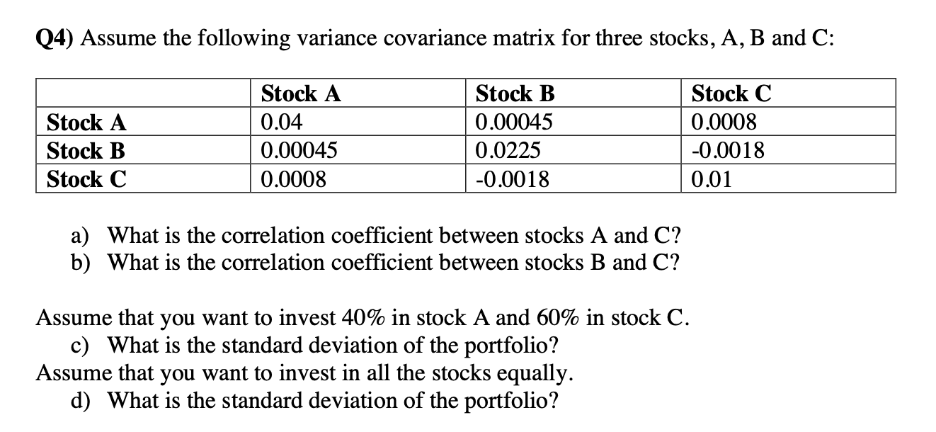 Solved Q4) Assume the following variance covariance matrix | Chegg.com