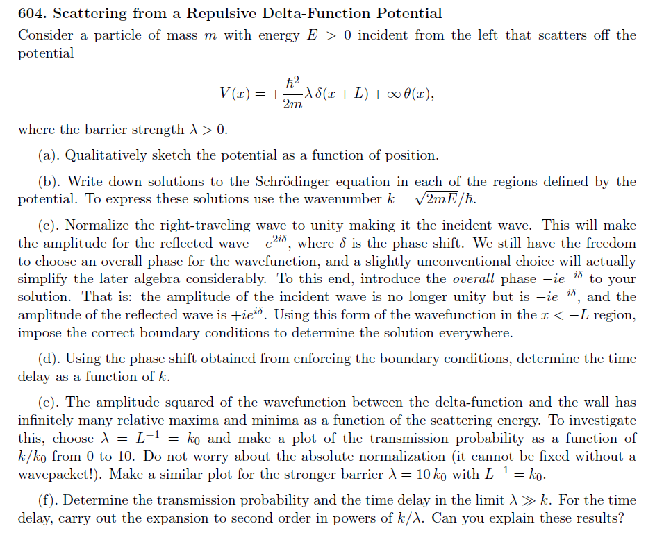604. Scattering from a Repulsive Delta-Function | Chegg.com